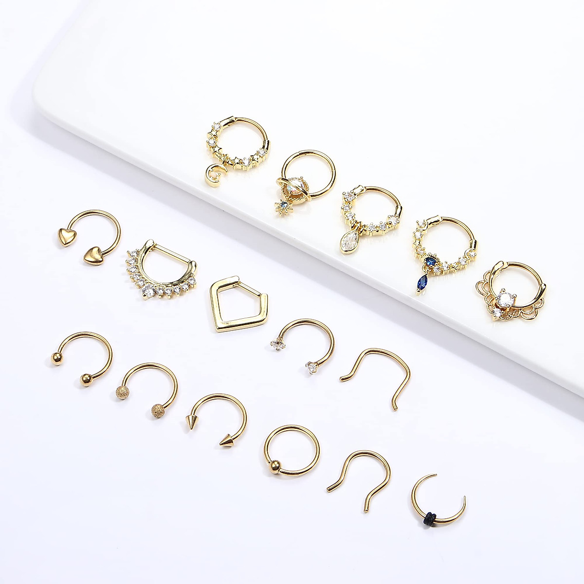 Besteel 16Pcs 16G Septum Rings, 316L Stainless Steel Nose Rings Hoop, Hinged Seamless Horseshoe Clicker Rings, Stainless Steel, cubic zirconia