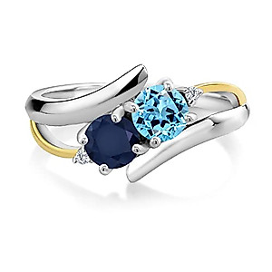 925 Sterling Silver and 10K Yellow Gold Swiss Blue Topaz Blue Sapphire and White Lab Grown Diamond 2 Stone Crossover Ring For Women (1.27 Cttw, Gemstone Birthstone, Available In Size 5, 6, 7, 8, 9)