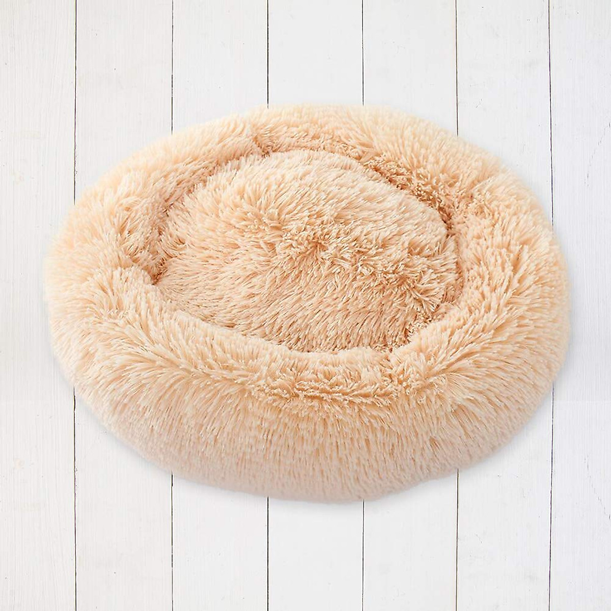 Luxury Fur Donut Cuddler Round Cat and Dog Cushion Bed Self-Warming and Cozy for Improved Sleep (Big Size, Beige)