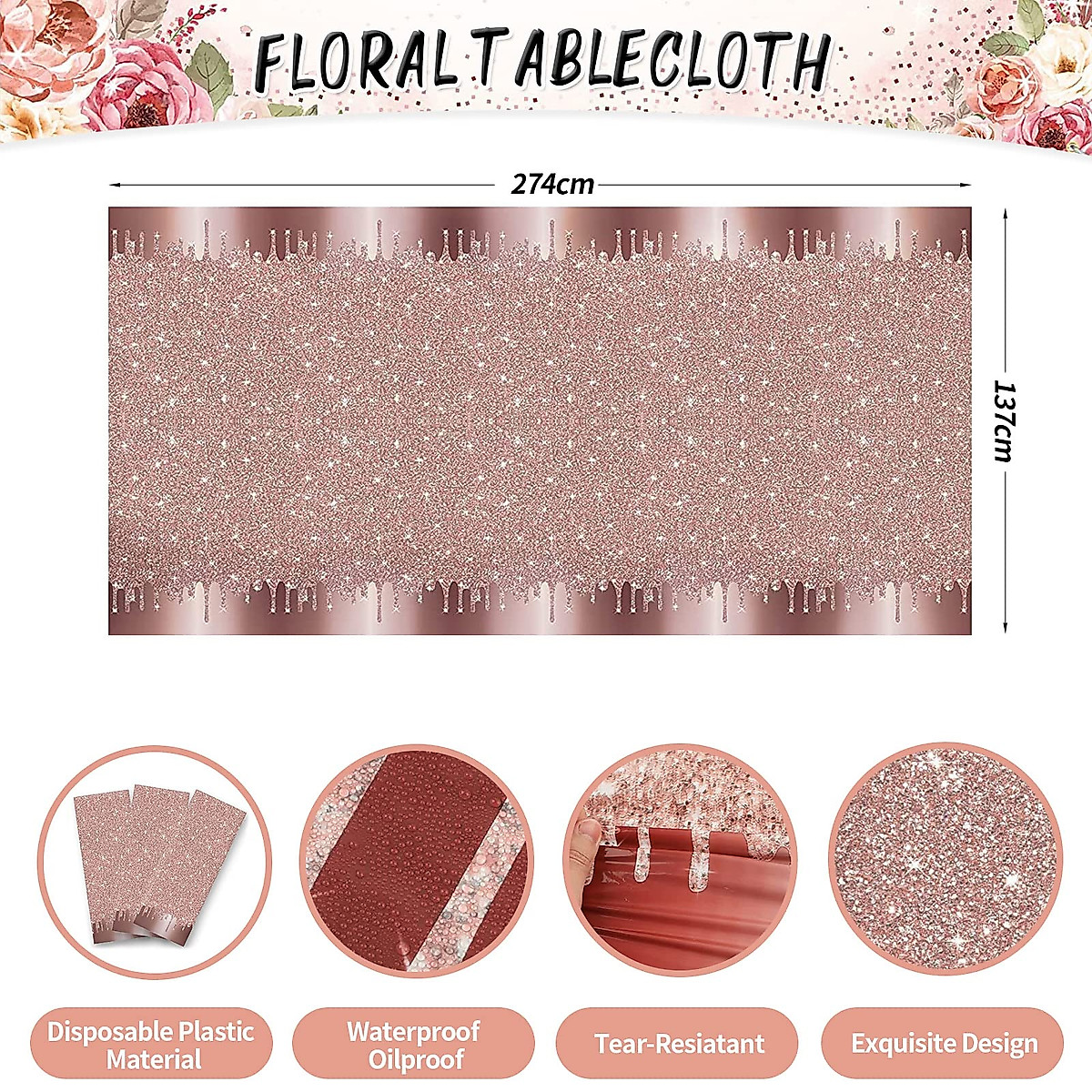 Floral Happy Birthday Decorations Women, 131PCS Rose Gold Flower Birthday Party Supplies Including Happy Birthday Backdrop, Balloon Arch/Garland Kit, Birthday Tabblecloth for Girls