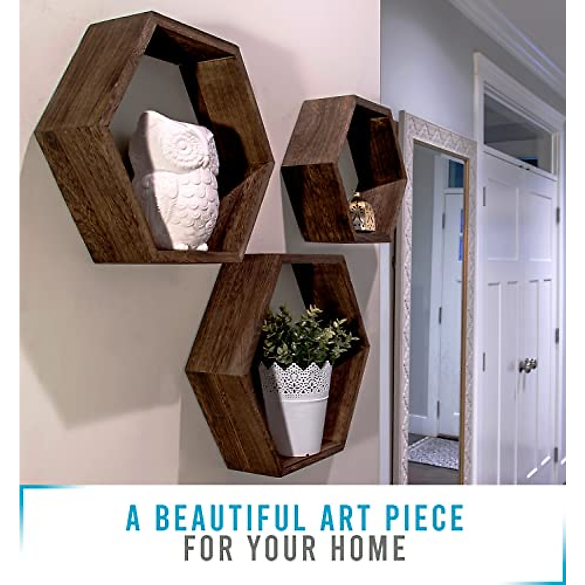 Rustic Wall Mounted Hexagonal Floating Shelves – Set of 3 – Large, Medium and Small – Screws and Anchors Included - Farmhouse Shelves for Bedroom, Living Room and More – Honeycomb Wall Décor - Torched