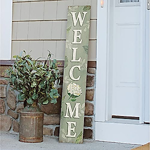 My Word! Welcome Hydrangea Porch Board Welcome Sign and Porch Leaner for Front Door Porch Deck Patio or Wall - Indoor Outdoor Spring Farmhouse Rustic Vertical Porch and Yard Decor – 8”x46.5”