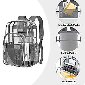 PAMANO Clear Backpack Transparent Heavy Duty Bookbag See Through Bag for College Work Stadium Concert Travel Security, Gray