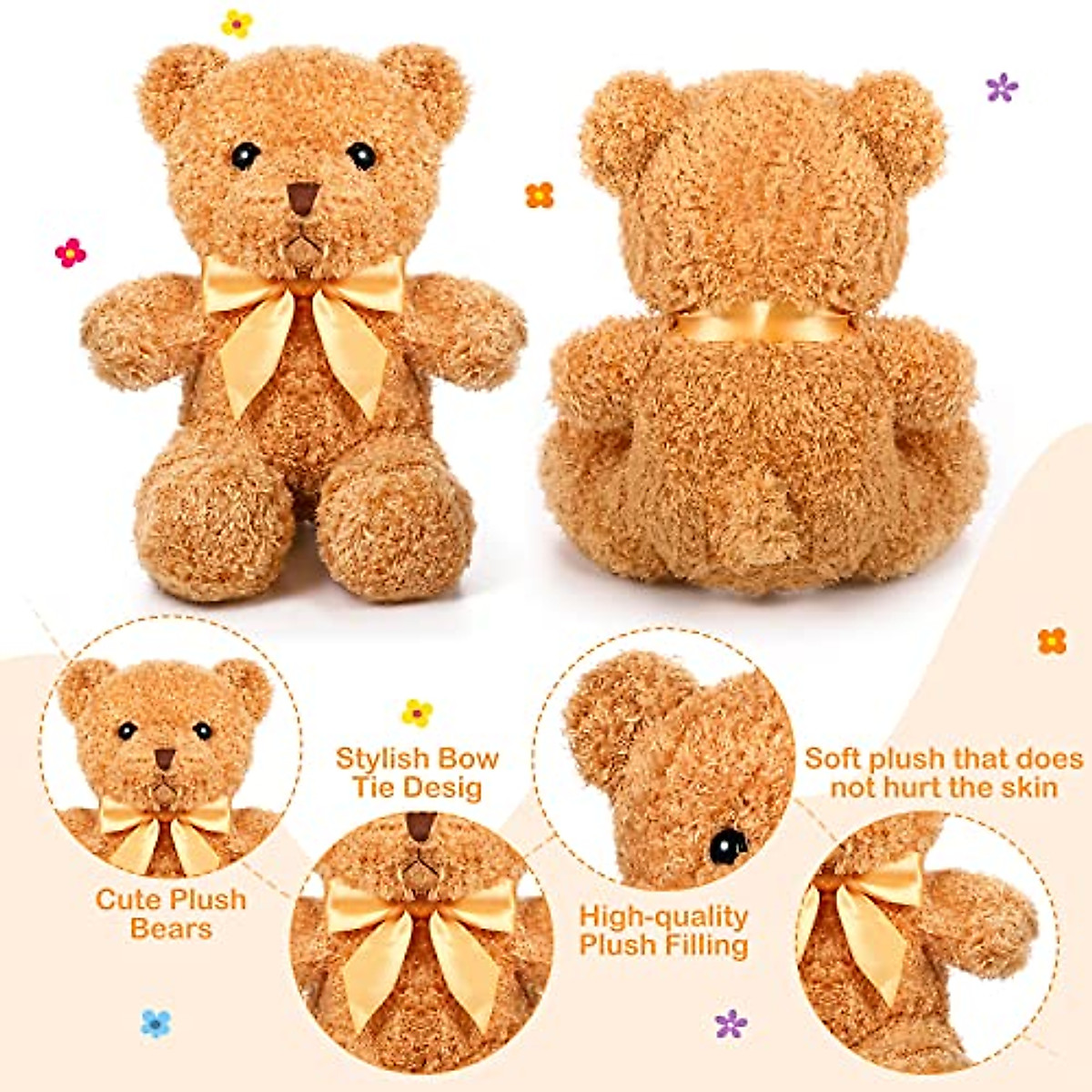 5 Pcs Bears Stuffed Animal Soft Plush Toys 12 Inches Cute Bear Small Shaggy Bear with Hoodie Bow Tie for Kids Boys Girls Baby Shower Birthday Party (Light Brown, Bow Tie Style)