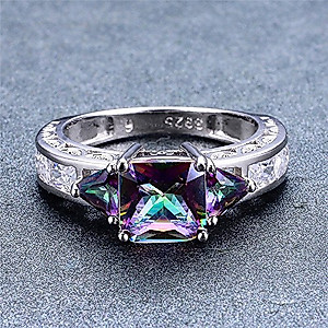 iGEM 925 Sterling Silver Princess Cut Rainbow Mystic Topaz Ring Wedding Band (6)