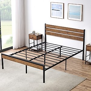 GAOMON Queen Bed Frame with Wood Headboard and Metal Slats, Mattress Foundation No Box Spring Needed Easy to Assemble Non-Shaking and Non-Noise (Queen)