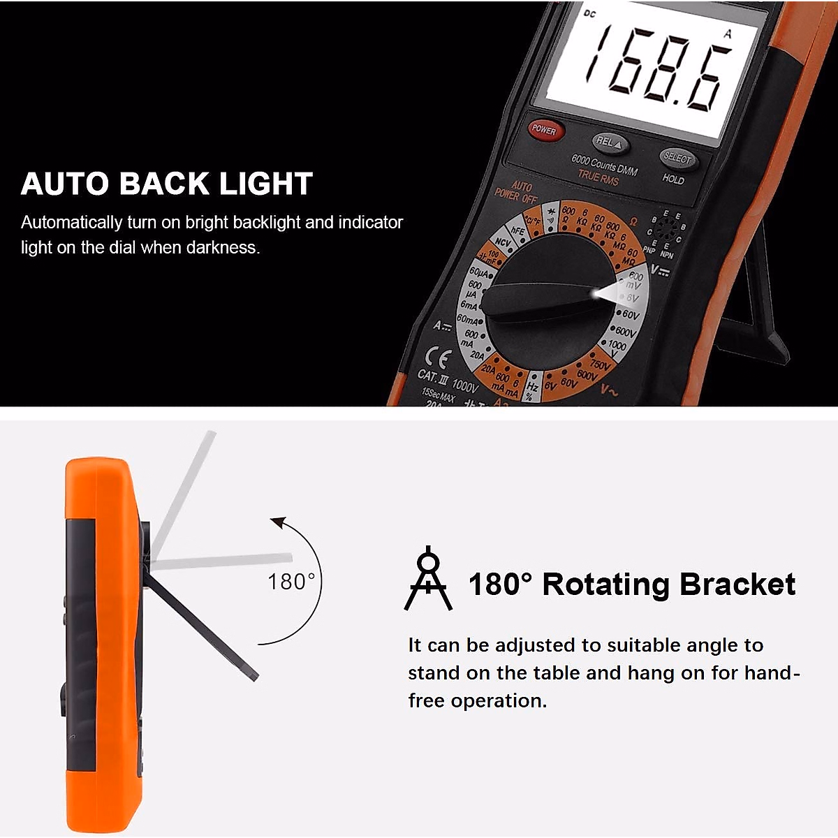 ANNMETER Digital Multimeter, AUTO-Ranging 6000 Counts TRMS DC&AC Vlotmeter Ohm Amp Resistance Capacitor Meter, Measures Frequency Duty Cycle Temp Transistor hEF AN-770S