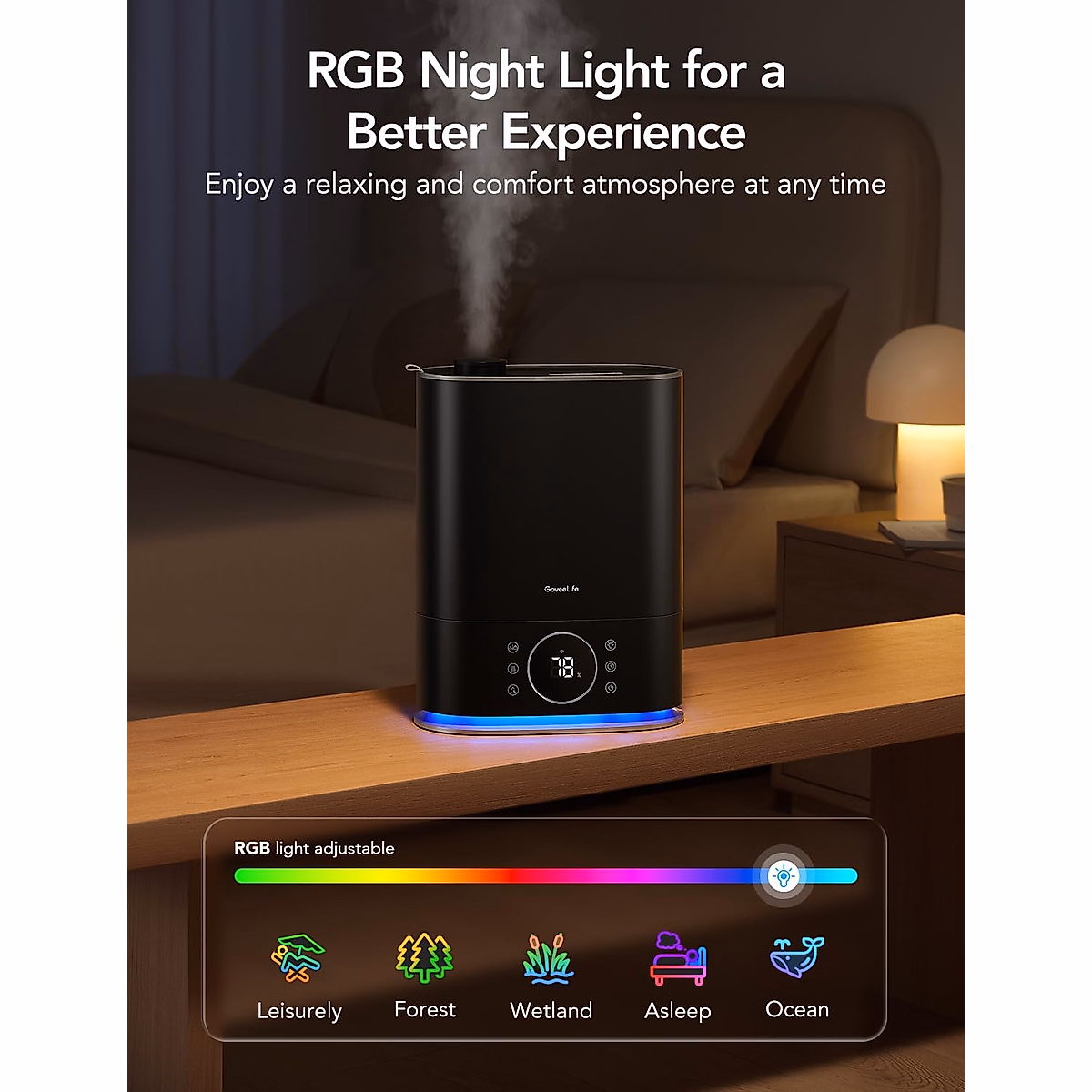 GoveeLife Smart Humidifiers for Bedroom, Cool&Warm Mist 7L Humidifier for Large Room, Auto Mode, Easy Top Fill, 70Hr Quiet Runtime, WiFi Air Humidifier with RGB for Baby, Plants Compatible with Alexa