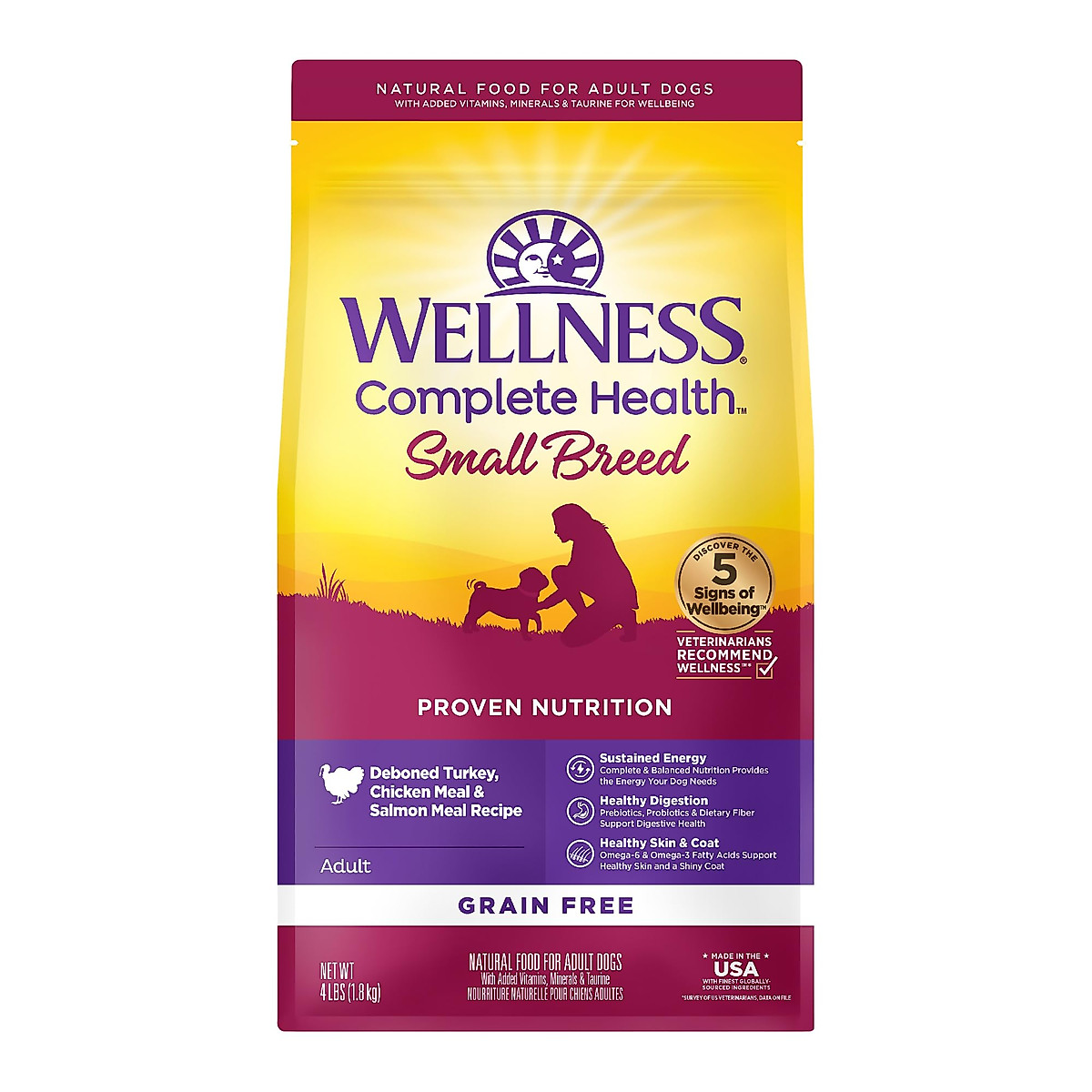Wellness Complete Health Grain-Free Small Breed Dry Dog Food, Natural Ingredients, Made in USA with Real Turkey, For All Lifestages (Turkey, Chicken & Salmon, 4-Pound Bag)