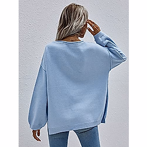 ECOWISH Womens Sweaters Loose Fit Long Sleeve Pullover Crew Neck Knit Sweater with Pockets 217 Blue X-Large