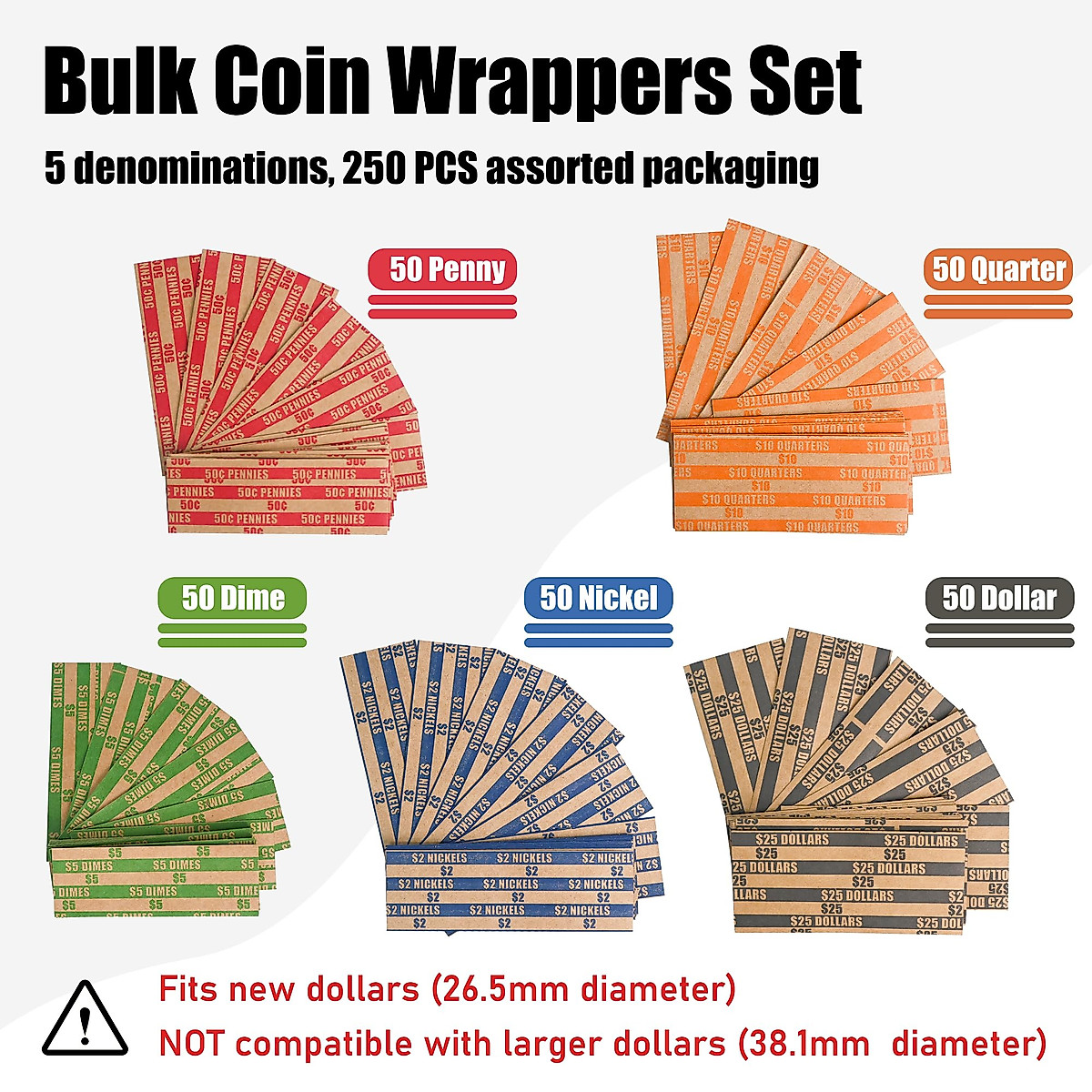 NATURALABEL 250 Assorted Flat Coin Wrappers, 50 Each of Quarters, Dollars, Dimes, Nickels, Pennies, Coin Striped Kraft Packing