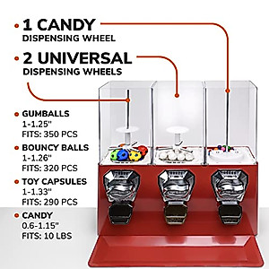 Vending Machine - Commercial Gumball and Candy Machine with Stand - Red Triple Vending Machine with Interchangeable Canisters - Coin Operated Candy Dispenser and Gumball Machine - Vending Dispenser