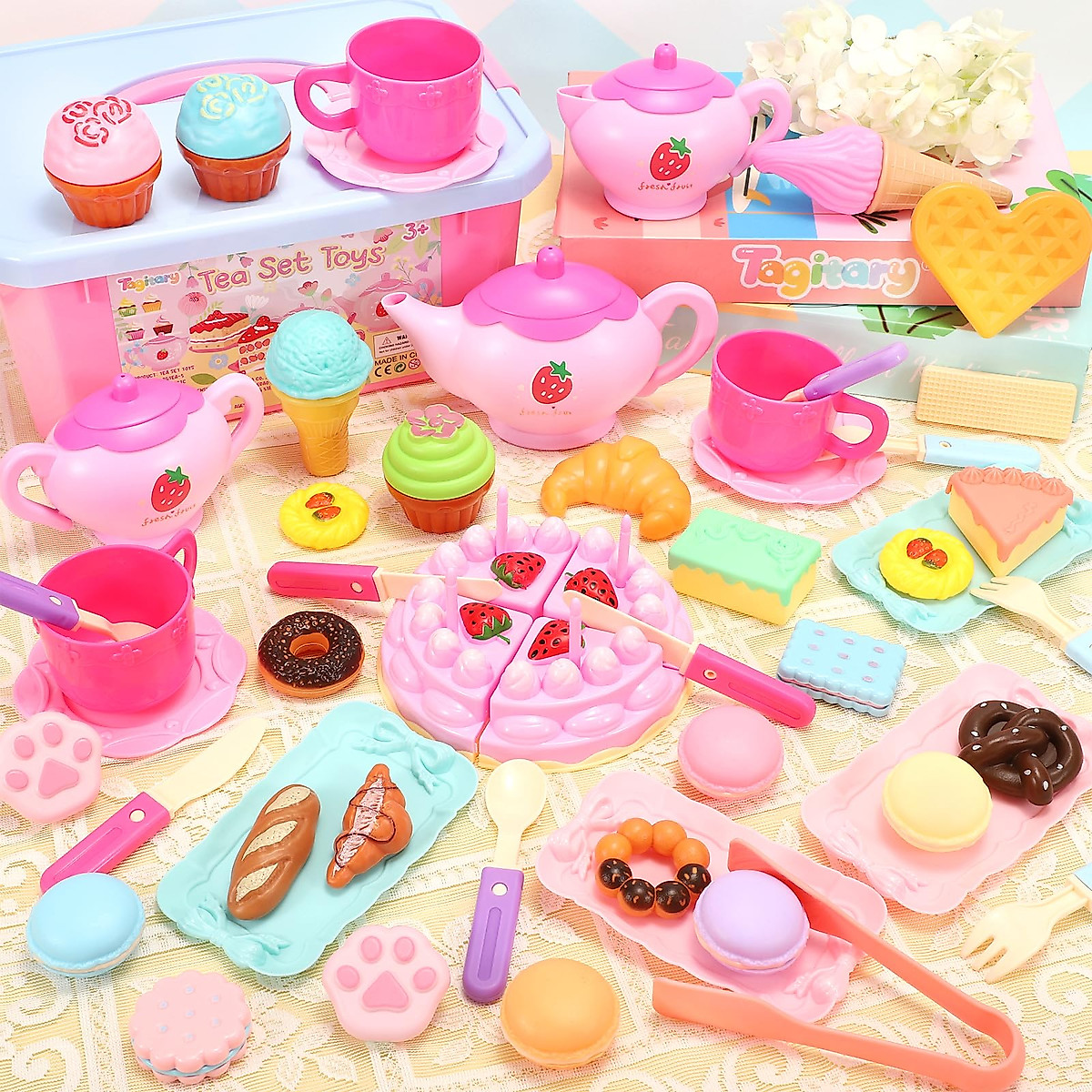 Tagitary Tea Party Set for Little Girls,Toys Tea Set Princess Pretend Play Toys,Including Dessert Cookies Teapot Cups Tablecloth and Carrying Case,Learning Toys Birthday Party Gift for Toddlers