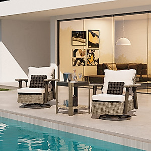 Joyside Outdoor 360° Swivel Rocker Patio Chairs Sets of 2 and Matching Side Table - 3 Piece Wicker Patio Bistro Set with Premium Fabric Cushion(Grey/Beige)