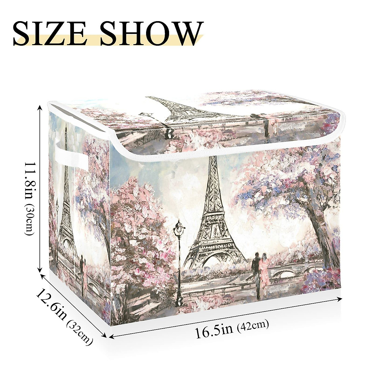 Kigai Beautiful Paris Eiffel Tower Lidded Home Storage Bins, Foldable Storage Basket with Double Handle, Flip-Top Storage Box for Toys Clothes Documents