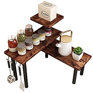 Homode Kitchen Countertop Organizer Corner Shelf, 3 Tier Bathroom Counter Organizer, Space Saving Organization Storage Shelves for Kitchen Counter, Spice Rack, Coffee Table, Over Sink, Rustic Brown