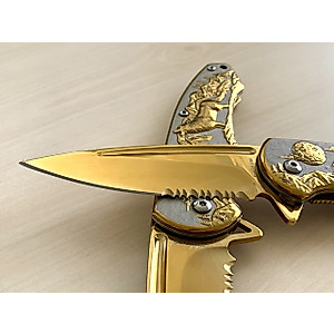 Wolf Pocket Knife, Spring Assisted Tactical Knife with Stainless Steel 3.5" Blade for Tactical Rescue, Self Defense, Hunting, Survival Glass Breaker Knives (Gold)