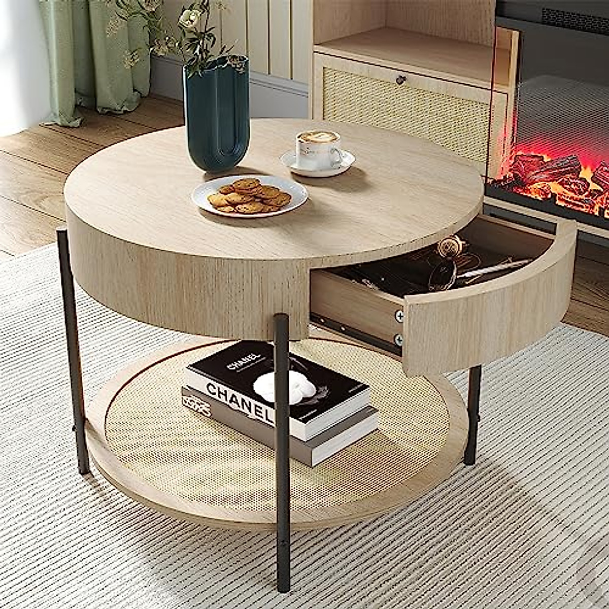 Yechen Round Coffee Table with Natural Rattan Woven Shelf and One Drawer, Boho Coffee Table, Rattan Coffee Table, Coffee Tables for Living Room, Metal Legs, Nature