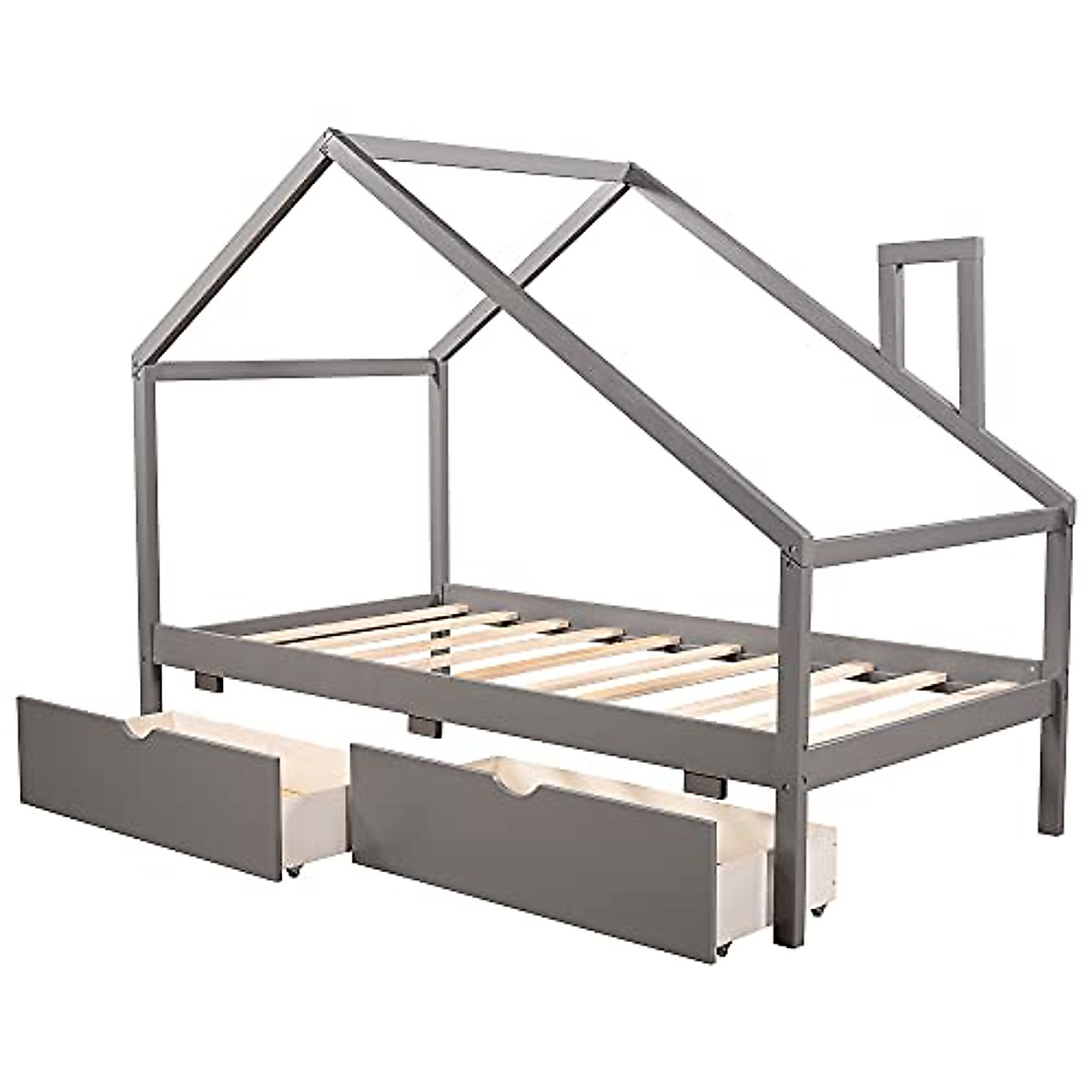 Platform Bed Daybed with Two Pull-Out Drawers and Roof, House Bed Frame for Kids, Twin Size, Gray