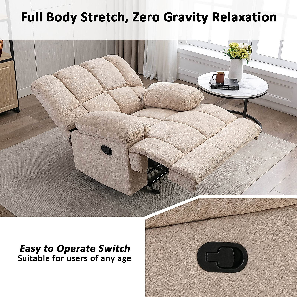 Dreamsir Oversized Rocker Recliner Chair, Manual Recliner Single Sofa Couch, Soft Fabric Overstuffed Rocking Chair for Living Room, Theater Seating for Big Man, Sandy