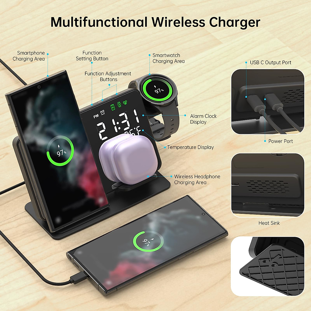 Wireless Charging Station, BRIMFORD 4 in 1 Fast Charging Station with Digital Alarm Clock for Samsung Galaxy S23 Ultra/S22/S21, Wireless Charger for Galaxy Watch 5/5 Pro/4/Galaxy Buds (Black)
