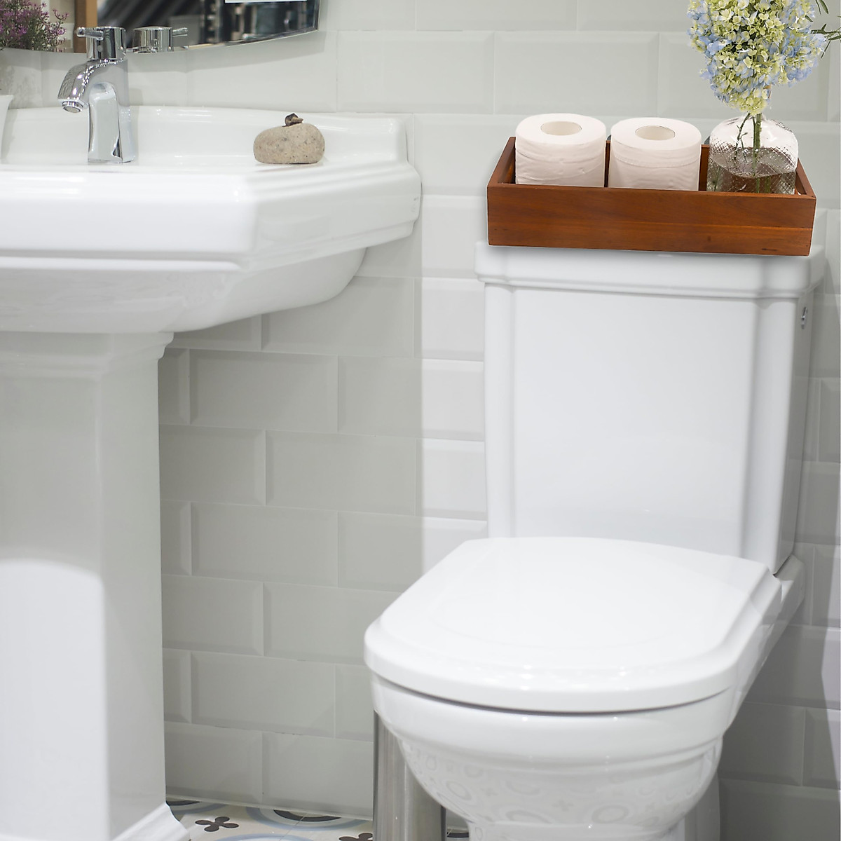 KOLWOVEN Set 2 Wooden Toilet Tray & Vanity Tray from Acacia Wood for Bathroom Counter Organizer and Back of Toilet Tank Topper Paper Hand Towel Tray Decorative Organizer for Bathroom Accessories