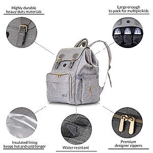 OOPSABABY Diaper Bag Backpack with Cleaning Lights; connect to juice pack or wall adapter; Designer Gray with Rose Gold Hardware Diaper Bag Organizer for Baby Boy or Girl