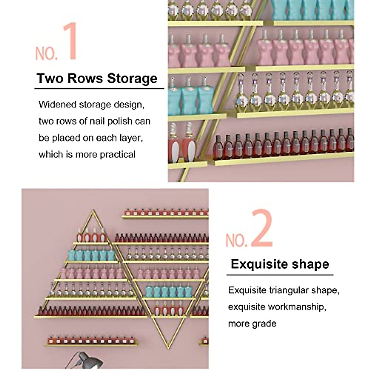 Metal Triangle Nail Polish Racks for The Wall Shelves Essential Oil Storage Shelf, Nail Salon Shop Iron Wall Mounted Display Rack Perfume Shelf Cosmetic Cabinet Spice Rack Organizer Holds (Gold 6pcs)