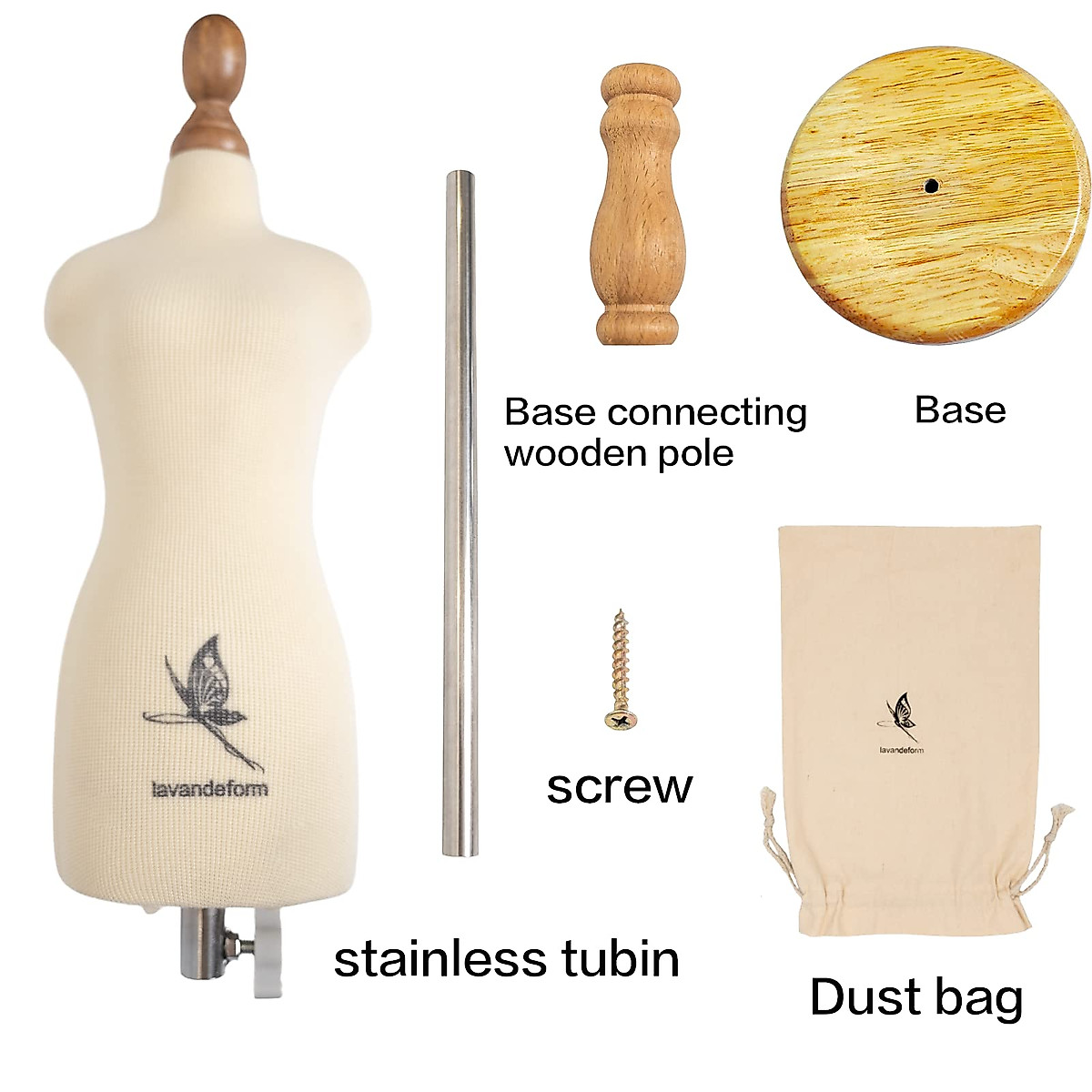 lavandeform Female Dress Form Mannequin(Not Full Size Body Height 12.8 inch for Sewing, 1/3 Size Female Tailor Dressmaker Dummy for Pattern Making Fully Pinnable Mannequin with Wooden Stand (1/3)