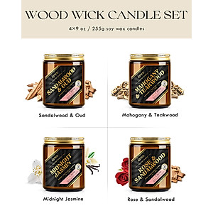 AOOVOO Wood Wick Candles - Sandalwood&Oud/Rose&Sandalwood/Mahogany Teakwood/Jasmine, Scented Candles for Home, Soy Candles, Candle for Man, 36 oz, 220 Hours Burn