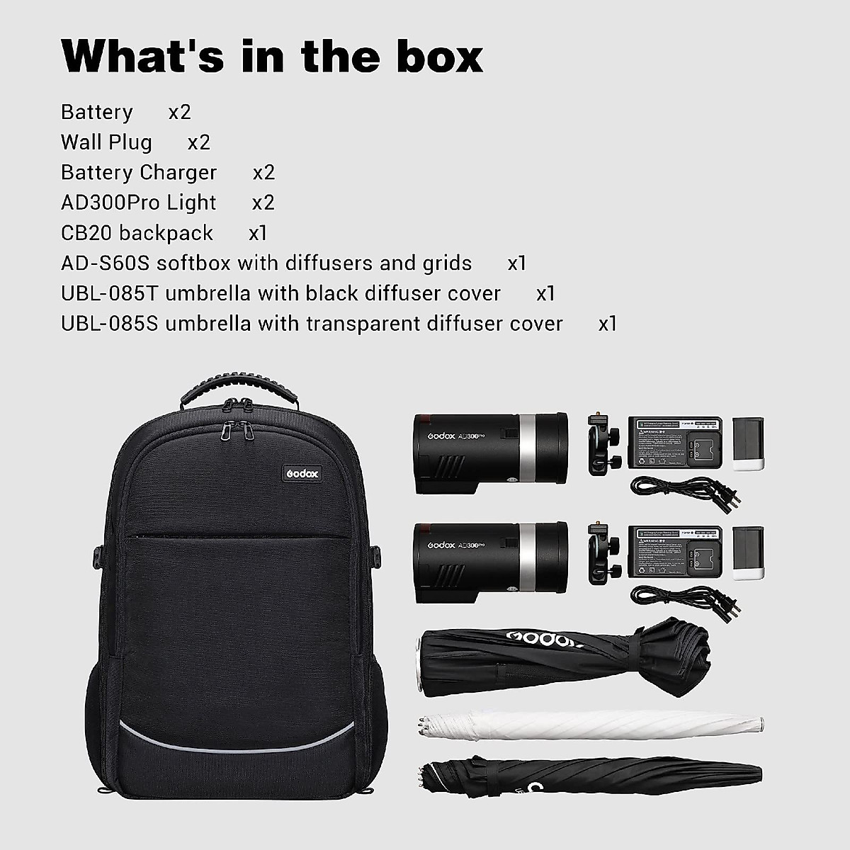 GODOX AD300 Pro Godox AD300Pro Godox Flash, TTL 2.4G HSS 1 / 8000s Outdoor Flash with 2600mAh Lithium Battery, 0.01-1.5S Recycle Time,320 Full Power Flashes, with Backpack/AD-S60S Softbox/Two Umbrella