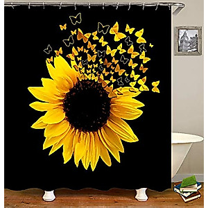 Jayden&Madge 4PCS/Set Magic Butterfly Sunflower Shower Curtain Flower Bathroom Set, Waterproof Fabric Cloth Bath Curtain, Non-Slip Bathroom Rugs Toilet Rugs Bath Mats, Floral Bathroom Decor, Butterfly