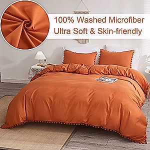 Andency Pom Pom Fringe Duvet Cover Queen Size (90x90 Inch), 3 Pieces (1 Solid Orange Duvet Cover, 2 Pillowcases) Soft Washed Microfiber Duvet Cover Set with Zipper Closure, Corner Ties