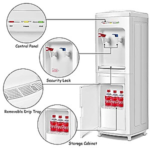 KOTEK Water Coolers Water Dispenser, Hot & Cold Top Loading Water Cooler Dispenser Holds 3 or 5 Gallon Bottles w/ Child Safety Lock, Removable Drip Tray & Storage Cabinet for Home Office School, White