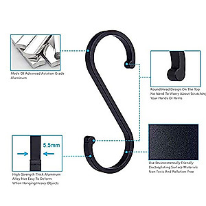 10Pcs S Hook Black S Shaped Hooks Aluminum S Shaped Hooks Heavy Duty S Hanging Hooks Lightweight S Utility Hooks for Pots,Pans,Plants,Cups,Clothes,Towels,Kitchen,Bedroom,Bathroom,Office and Garden