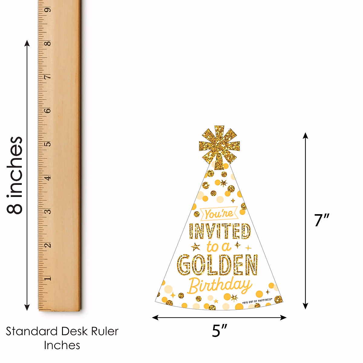 Big Dot of Happiness Golden Birthday - Shaped Fill-In Invitations - Happy Birthday Party Invitation Cards with Envelopes - Set of 12