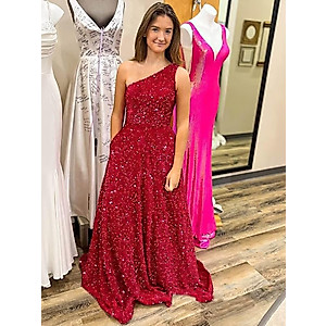 Changuan Sequin Prom Dresses for Women 2025 One Shoulder Sparkly Ball Gown A-Line Plus Size Formal Evening Wedding Party Gowns 18 Hot Pink