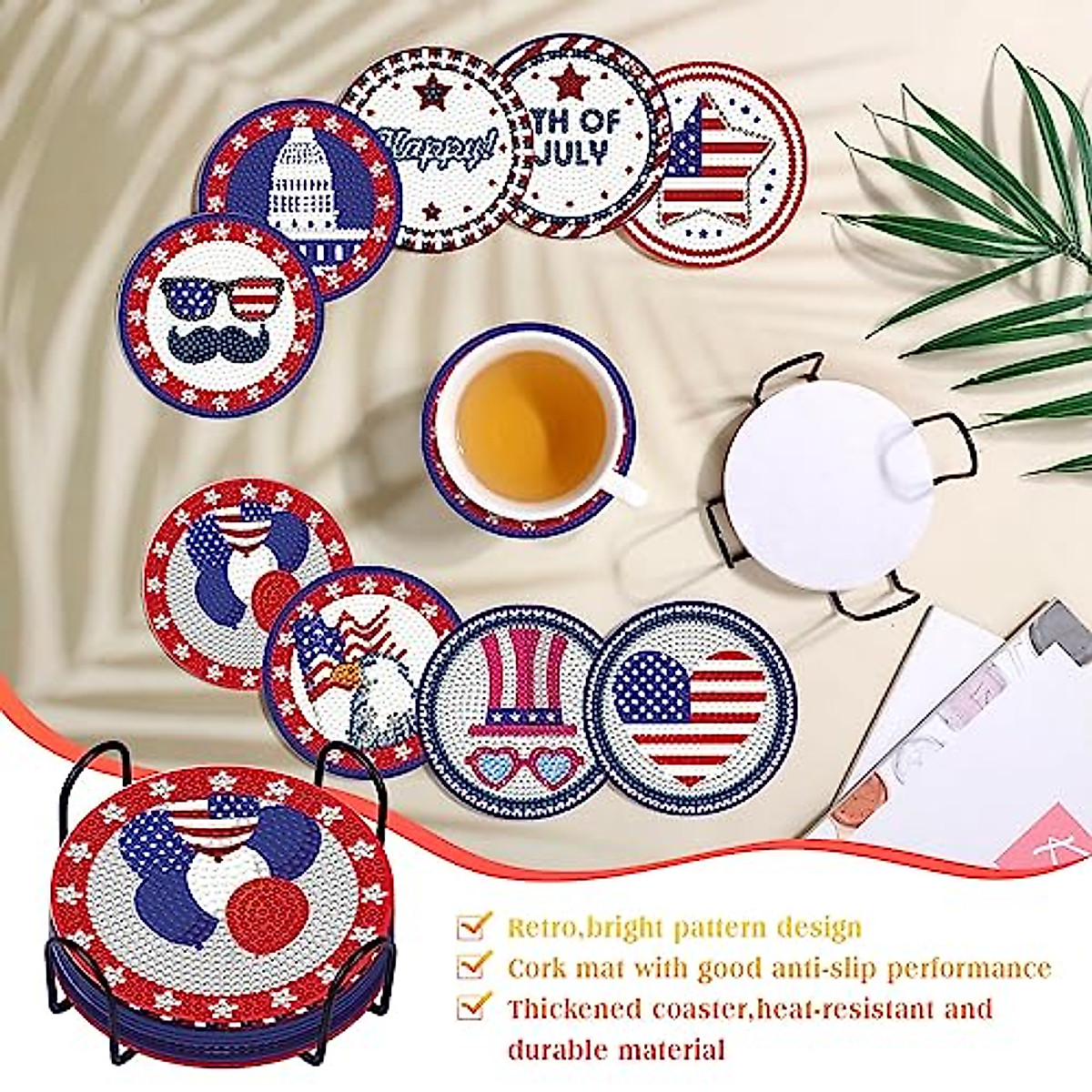 Billbotk 10 Pieces Independence Day Diamond Painting Coasters, Diamond Art Coasters with Holder, DIY Diamond Art Crafts Projects, Diamond Dots Kits for Adults and Beginners
