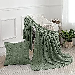 MILVOWOC Sage Throw Blanket and Pillow Covers Set, 50" x 60" Cable Knit Throw Blanket + 2 Pieces 18" x 18" Knitted Throw Pillowscase, Decorative Throw Blankets Knitted Blanket for Sofa Couch