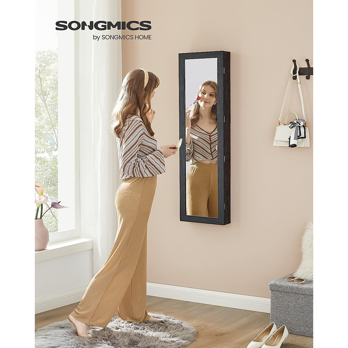 SONGMICS 6 LEDs Mirror Jewelry Cabinet, 47.2-Inch Tall Lockable Wall or Door Mounted Jewelry Armoire Organizer with Mirror, 2 Drawers, 3.9 x 14.6 x 47.2 Inches, Black UJJC093B01