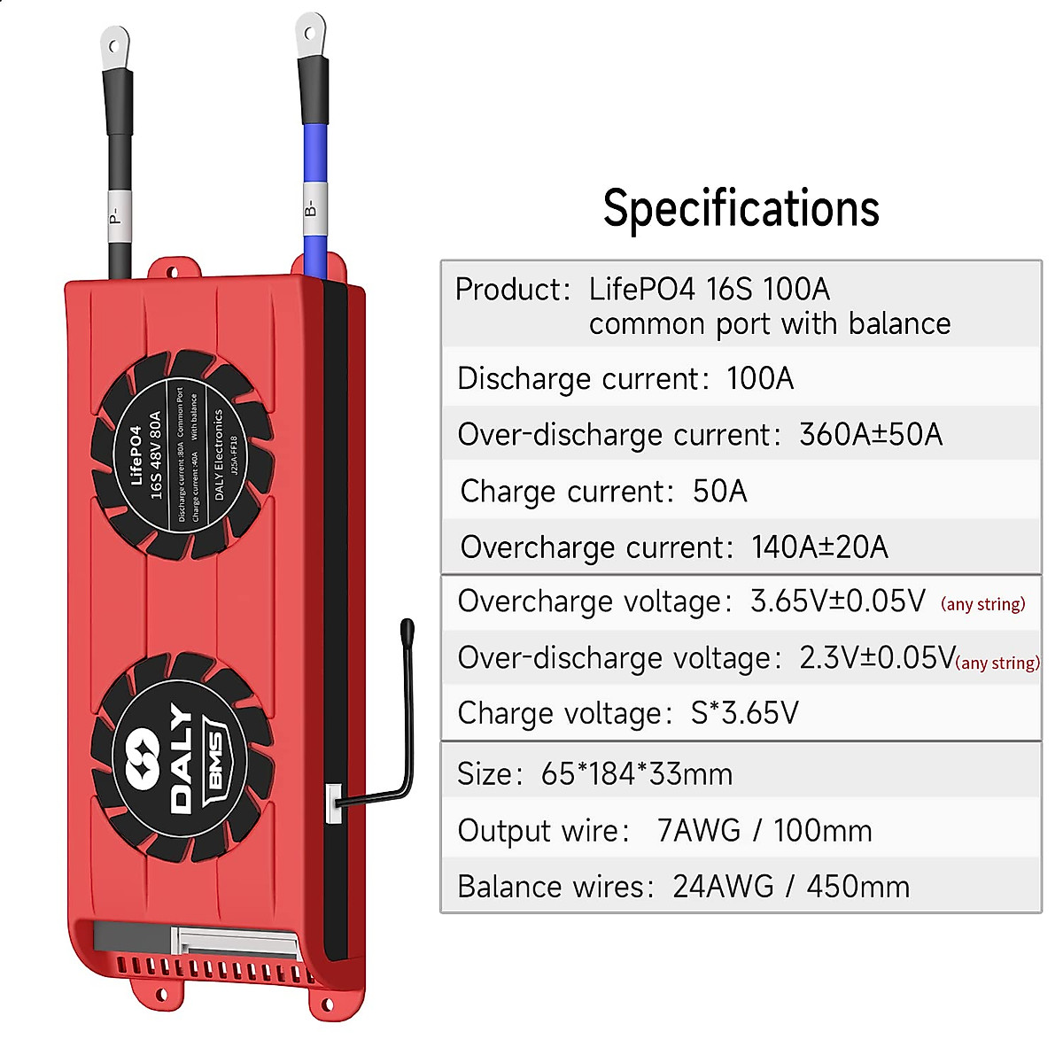 DALY BMS 16S 48V 100A LiFePO4 PCB Protection Board with Balance Leads Wires 3.2V Battery Protection Module BMS for 18650 Battery Pack 48V with Cooling Fan