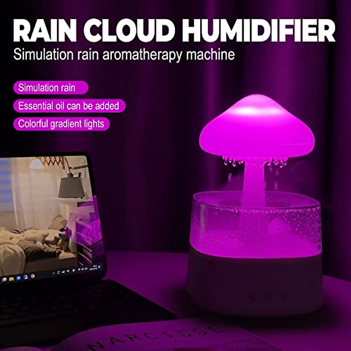 Rain Cloud Humidifier Water Drip with Adjustable LED Lights White Noise Humidification Desk Fountain Bedside Sleeping Relaxing Mood (White)