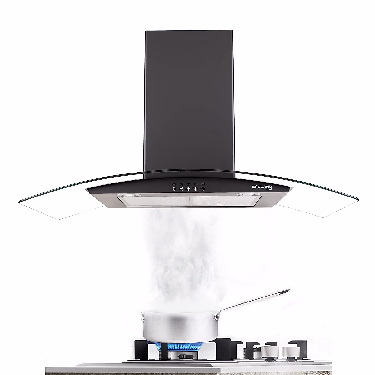36" Range Hood, GASLAND Chef GR36BP Curved Glass Wall Mount Range Hood Black, 3 Speed 450 CFM Ducted Kitchen Hood with LED Lights, Push Button Control, Convertible Chimney, Aluminum Filter