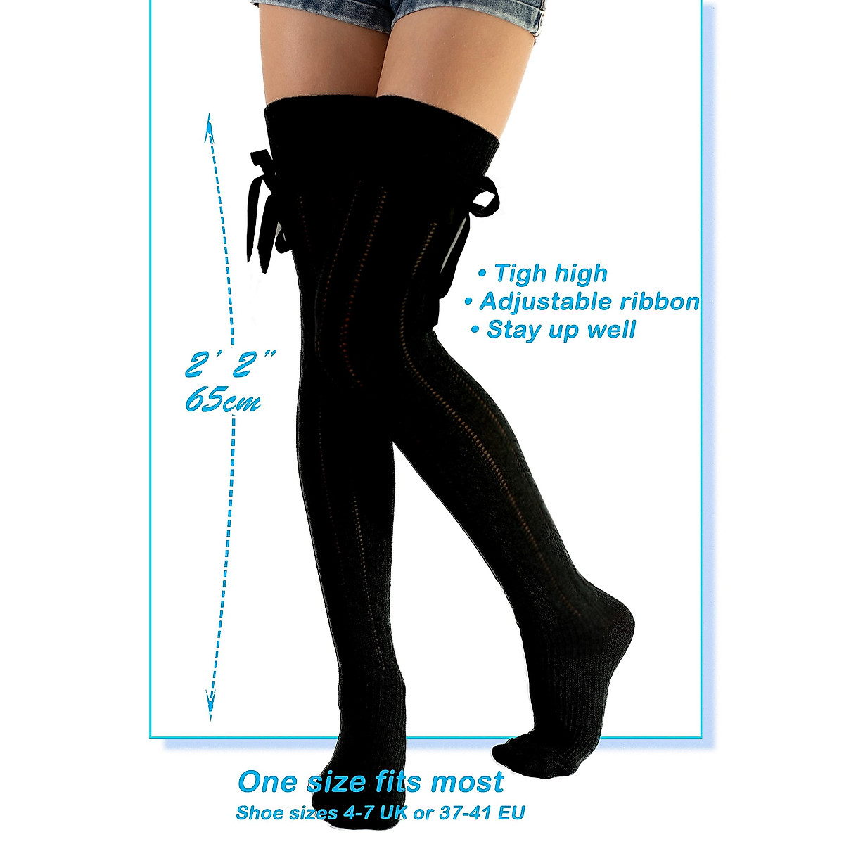 Molton Marley 2 Pack Long Over The Knee Thigh High Long Socks, Ribbon, Cotton Knit, Girls' and Women's, Made in Europe (Vanilla, Black)