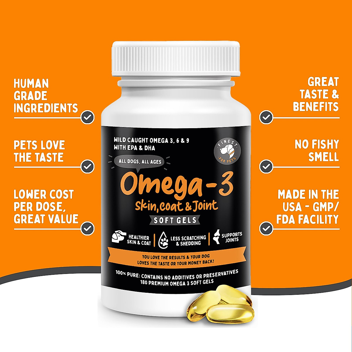 100% Pure Omega 3 Fish Oil Soft Gels for Dogs - Organic Skin, Coat & Joint Supplement - Boost Joint Health, Anti-Shedding & Itch Relief - Ideal for Medium to Large Dogs