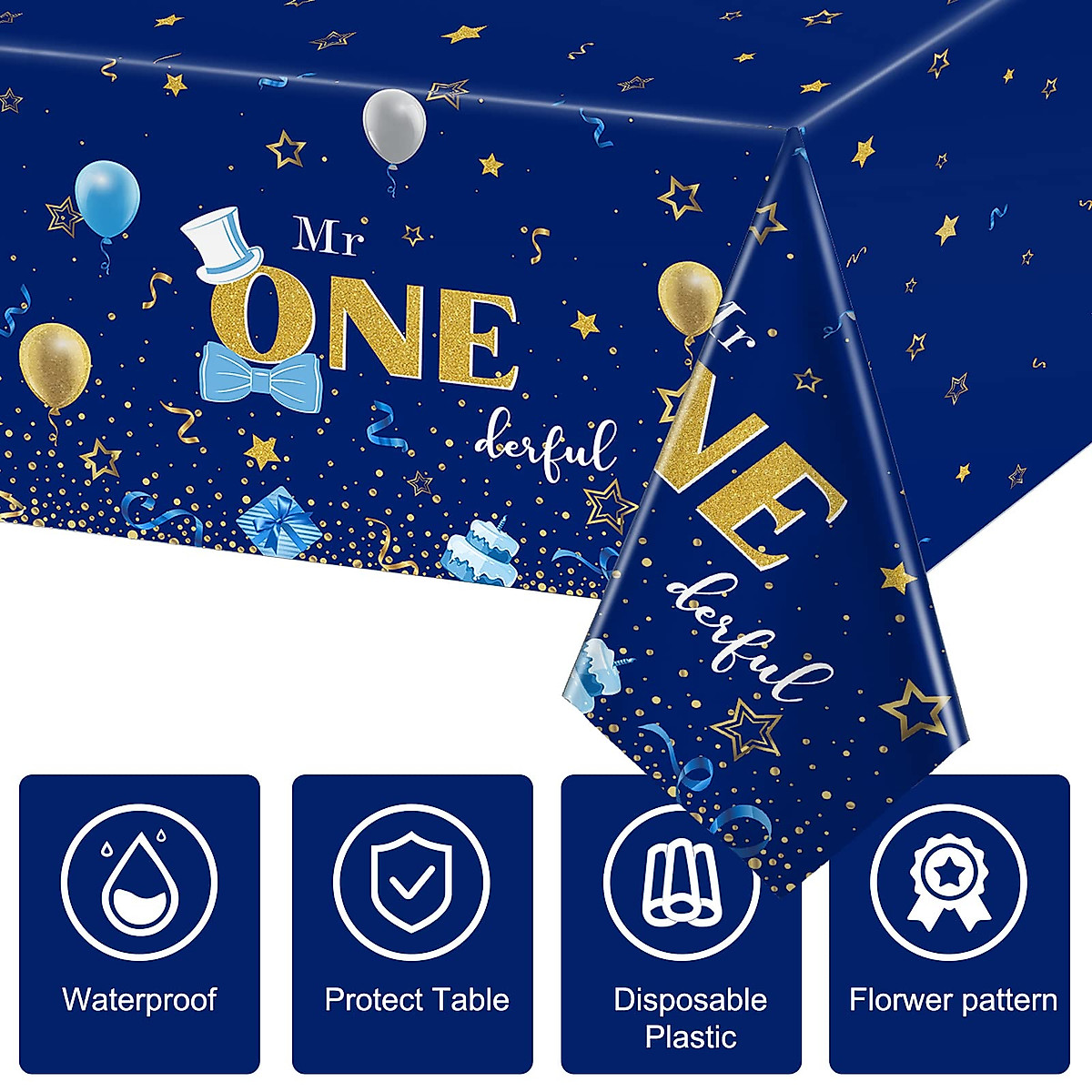 Tiamon 3 Pieces Boy 1st Birthday Party Tablecloths Party Supplies Little Man Table Cover for Baby Boy Baby Shower Decorations(Royal Blue)