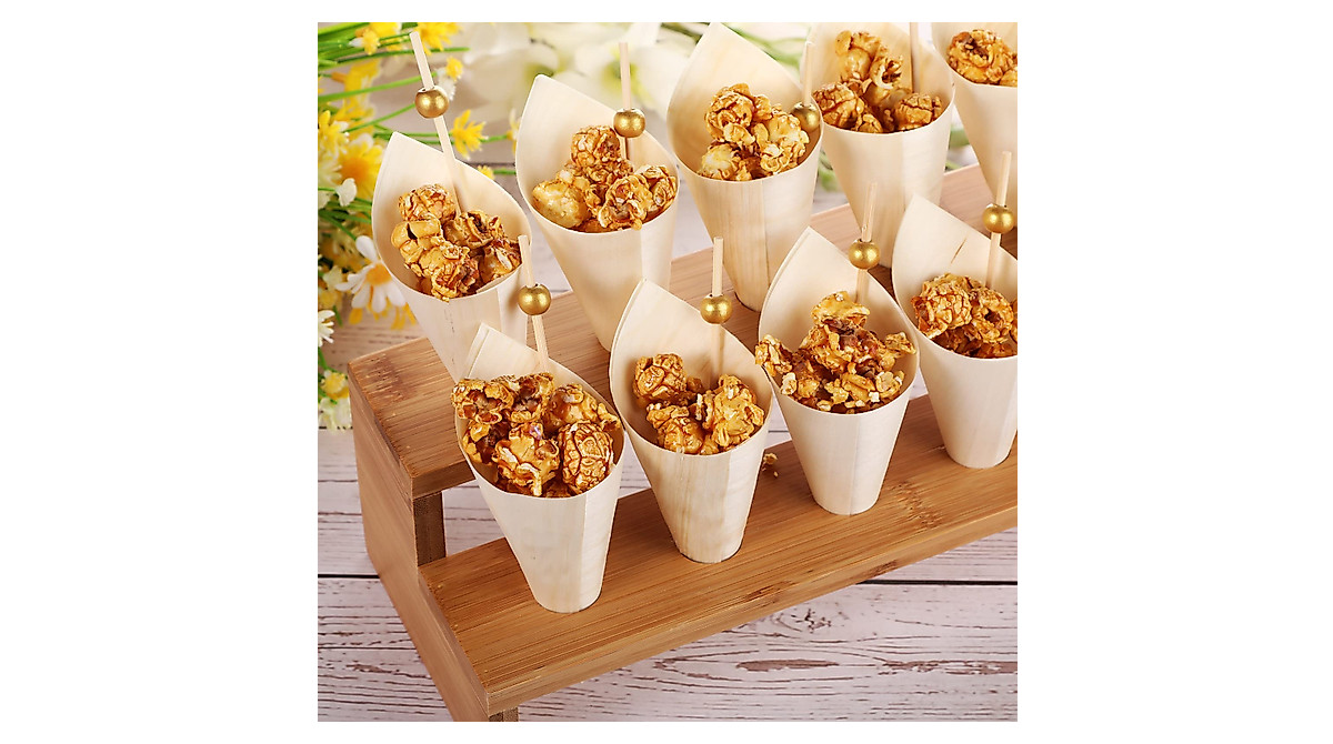Food Cones with Display Stand - 100 Disposable Wood Cones