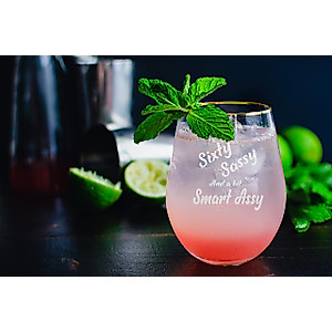 CARVELITA Sixty Sassy And A Bit Smart Assy 15oz Engraved Stemless Wine Glass, Sarcastic Gifts For Best Friends - Perfect Party Decoration Idea, 60 Birthday Gifts for Women