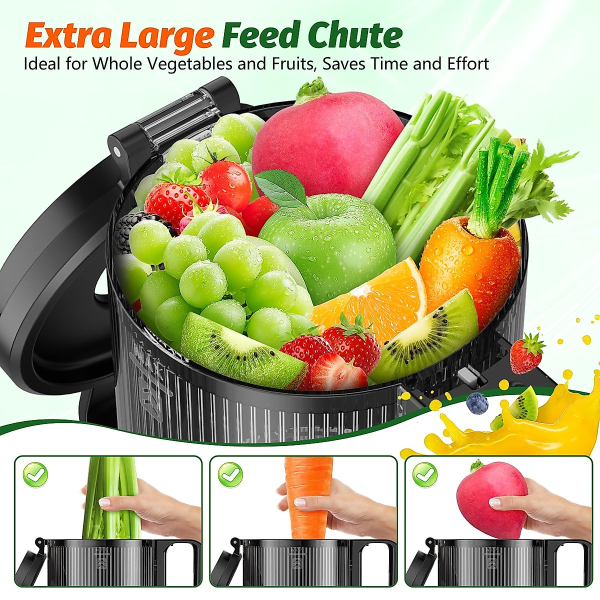 LQZ Cold Press Juicer,Slow Masticating Juicer Machines,350W Juice Extractor Machine,5.3" Large Bore Feed Chute Fit Whole Vegetables and Fruits,Easy to Clean Juicer（Black）
