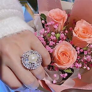 Luxury Rhinestone Pearl Open Statement Ring for Women CZ Crystal Flower Promise Engagement Rings Wedding Bands Adjustable Finger Band Elegant Jewelry Gifts